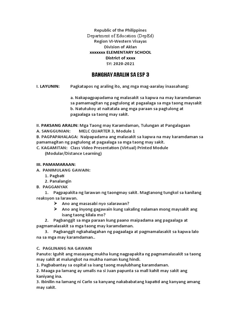 Banghay Aralin Sa Esp 3 - Melc Based | PDF Banghay Aralin Sa Esp 3 - Melc Based | PDF