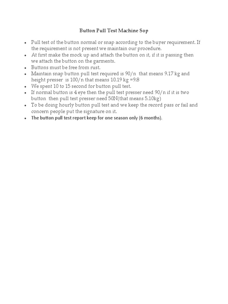 Button Pull Test SOP and Reporting | PDF