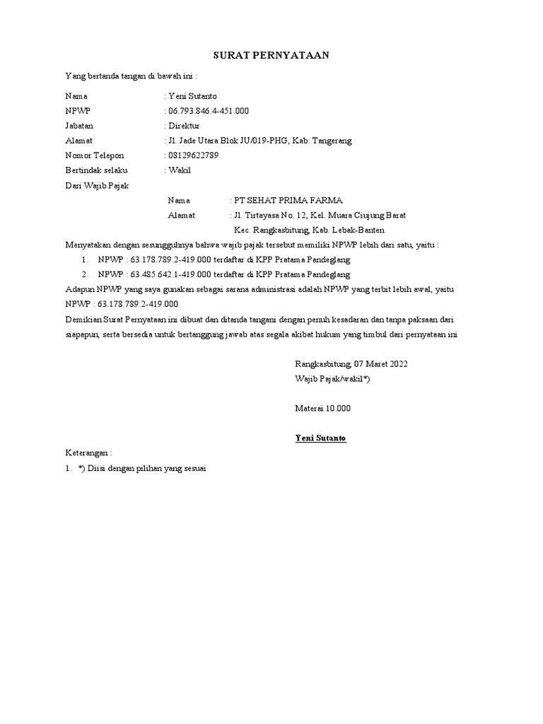 Surat Pernyataan Pajak | PDF