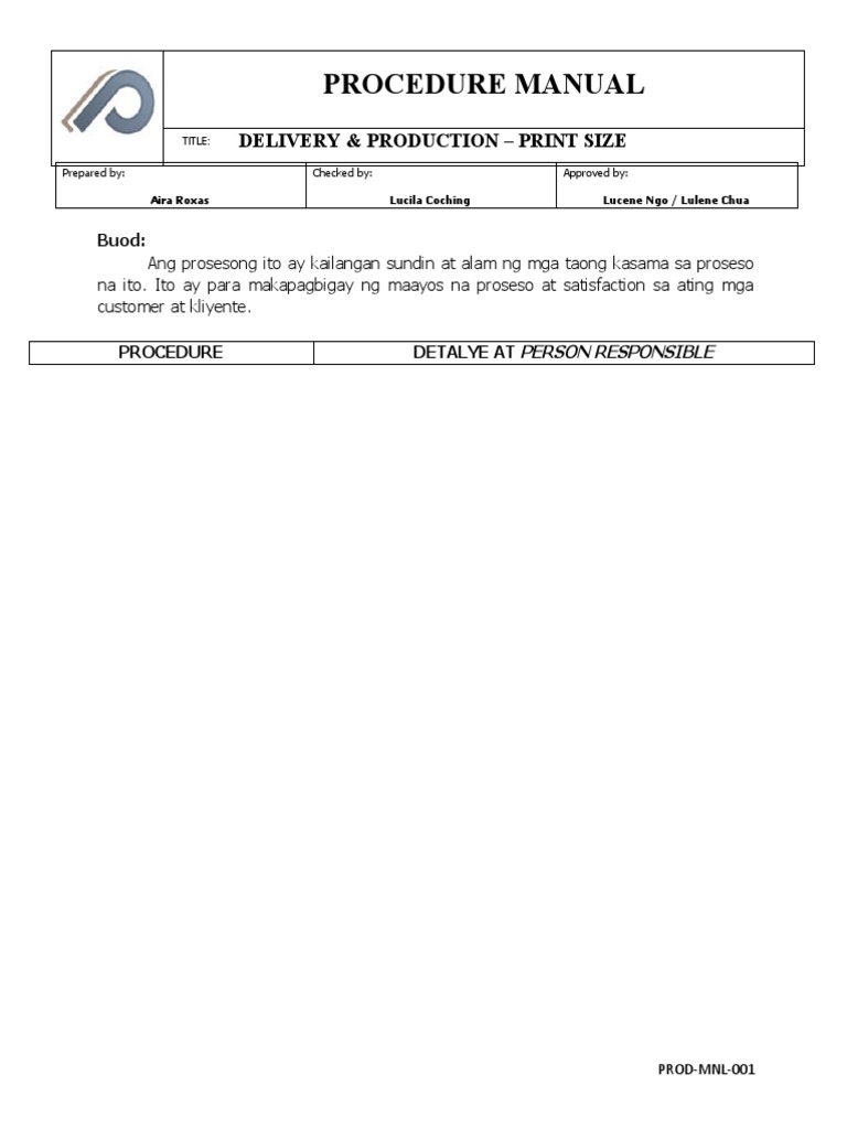 001 - Procedure Manual - Delivery & Production NG Printing Size | PDF