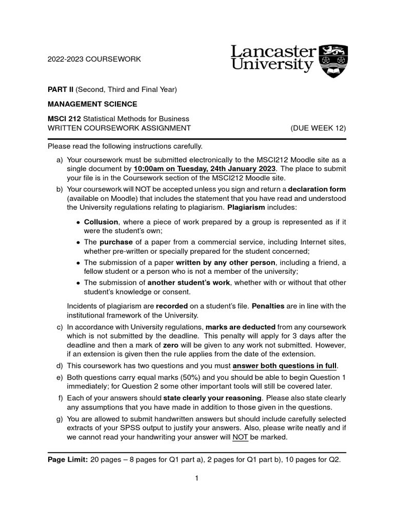PART II (Second, Third and Final Year) Management Science MSCI 212 Statistical Methods For ...