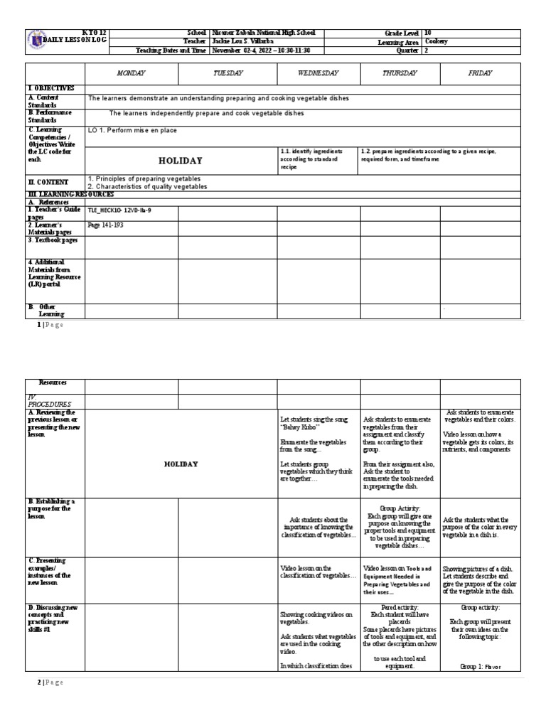 DLL Cookery 10 DLL Week1 Preparing Vegetable Dishes q2 w1 | PDF | Cognitive Science | Behavior ...