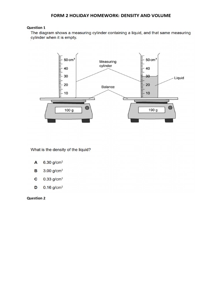 Holiday Homework Density and Volume | PDF