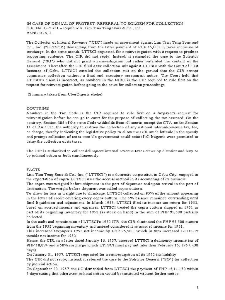 Tax Collection Case: Lim Tian Teng Sons | PDF | Taxes | Internal ...