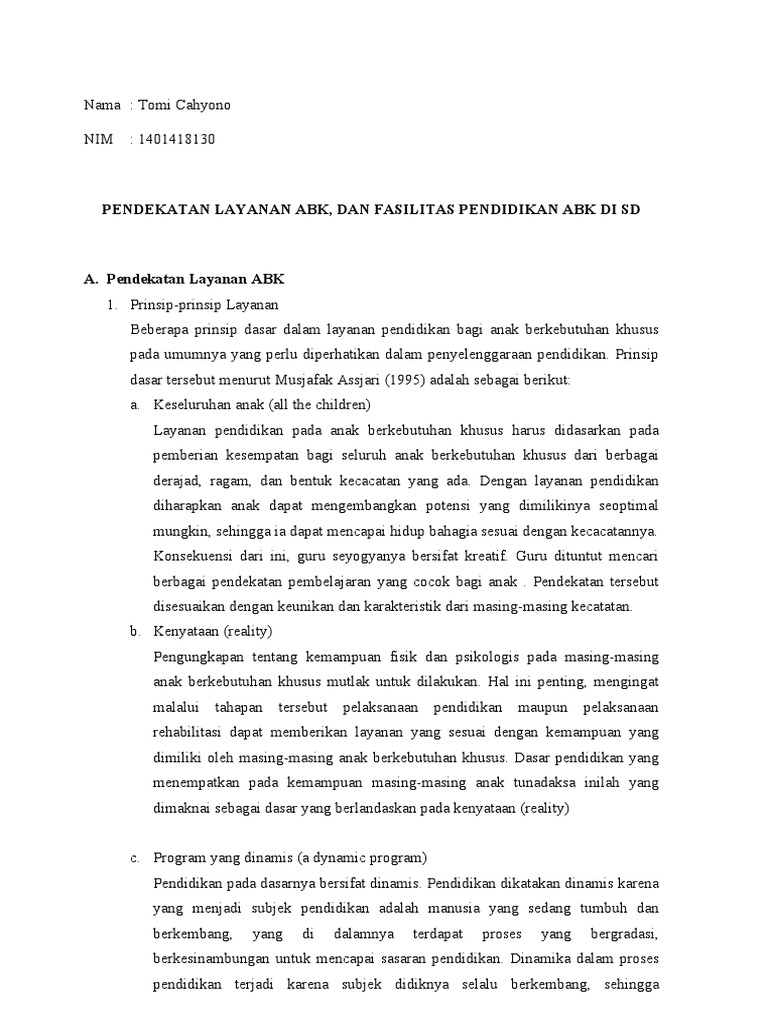Pendekatan Layanan Abk, Dan Fasilitas Pendidikan Abk Di SD | PDF