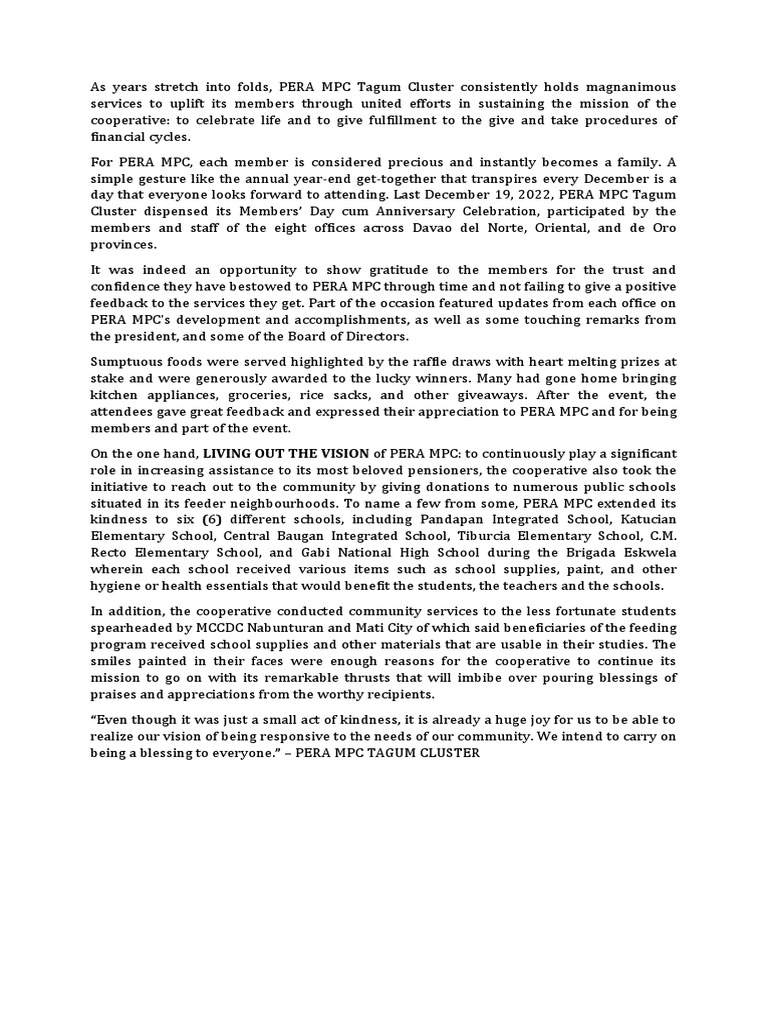 PERA MPC Tagum Cluster 1 RUBIE | PDF | Business