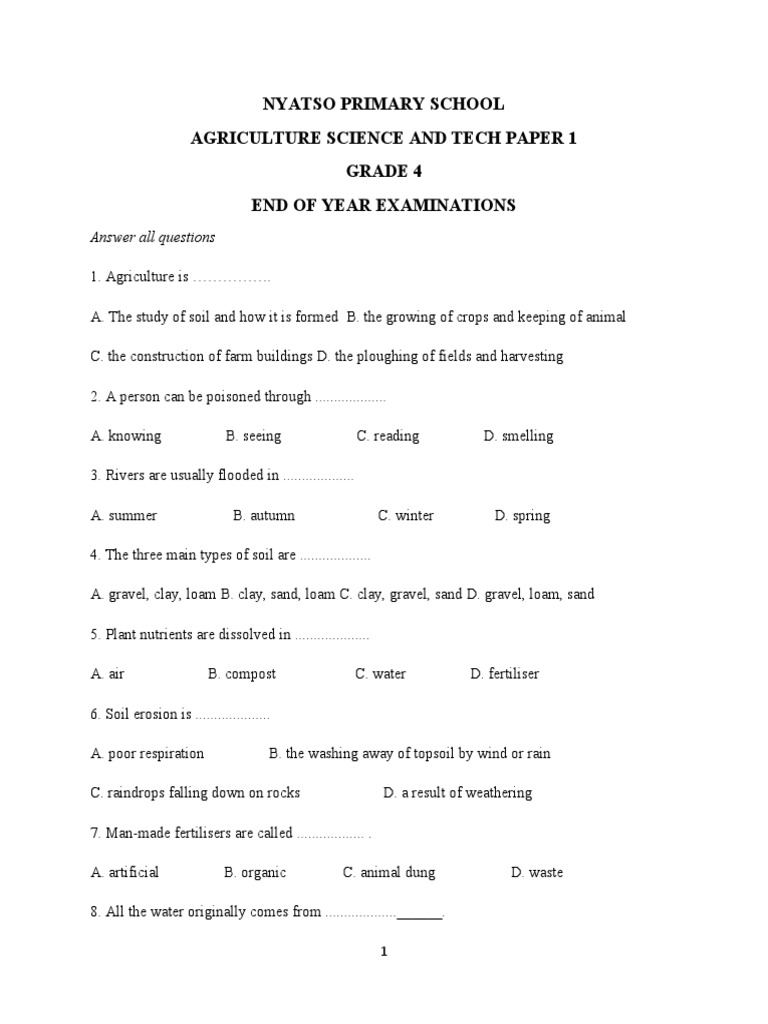 Grade 4 Agriculture Exam Paper | PDF