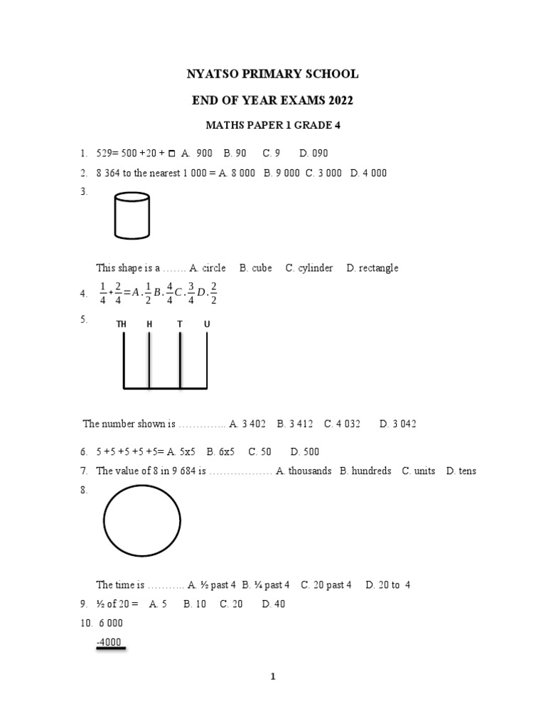 MATHS PAPER 1 GRADE 4 Final | PDF