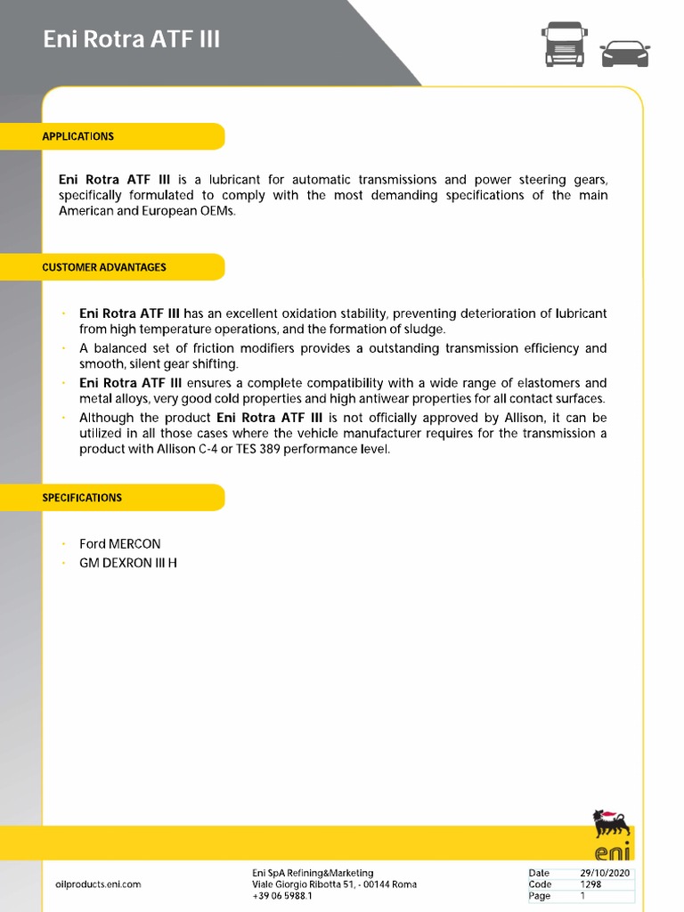 ENI - Oil ROTRA ATF DEX III | PDF