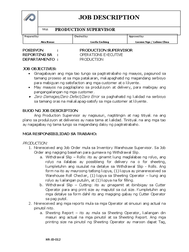 012 - Production Supervisor | PDF