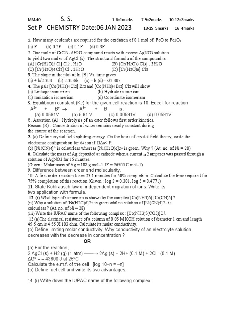 Chem Electro Kinetics Coordination Set P | PDF | Physical Sciences | Chemistry