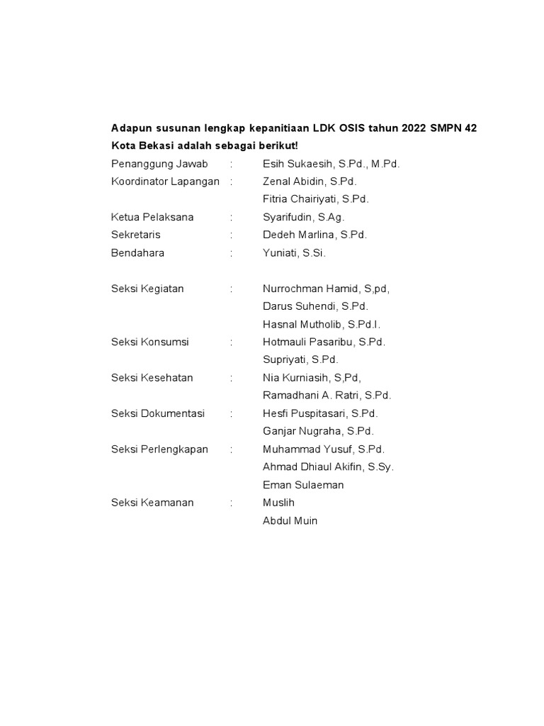 Susunan Panitia Latihan Dasar Kepemimpinan (LDK) Osis | PDF