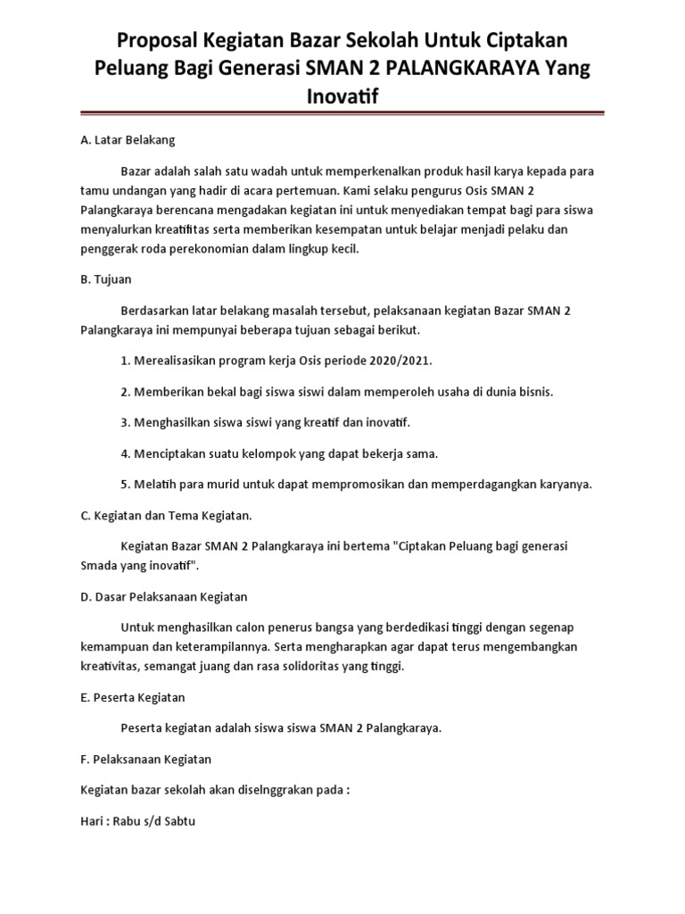 Proposal Bazar Sekolah SMAN 2 Palangkaraya | PDF