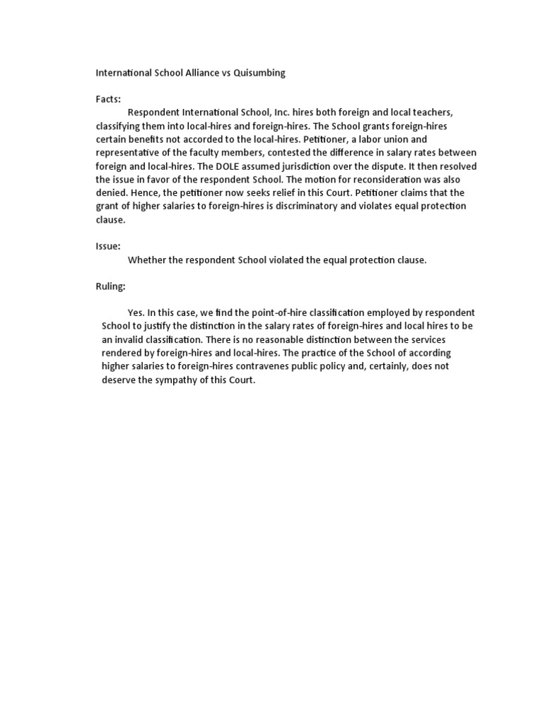 International School Alliance Vs Quisumbing - Case Digest | PDF