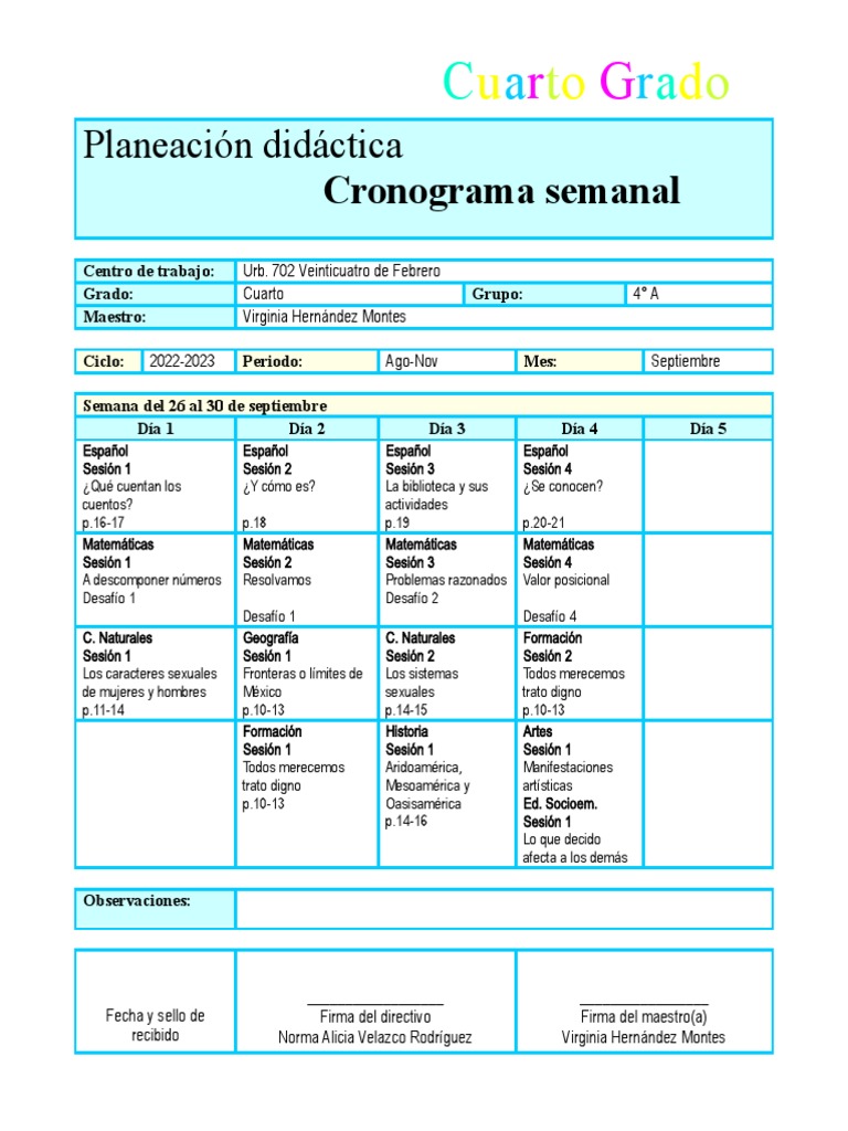 Cronograma semanal de actividades académicas para el cuarto grado A del ...