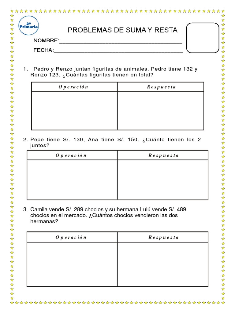 PROBLEMAS DE SUMA Y RESTA 2do Primaria | PDF