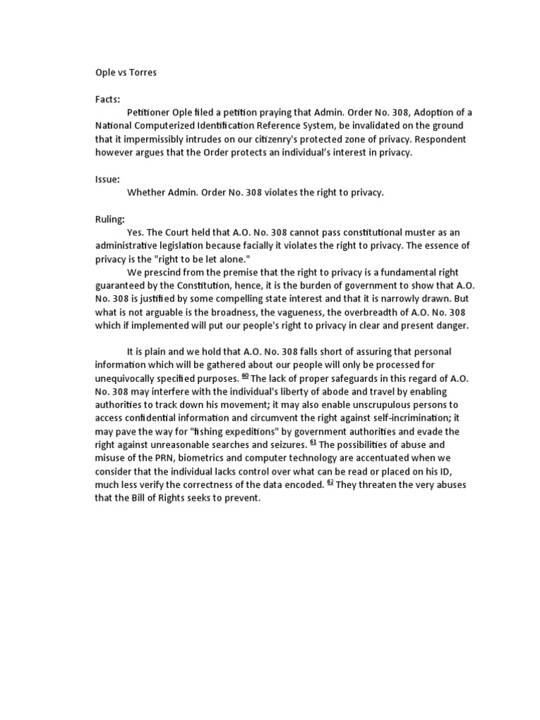 Ople Vs Torres - Case Digest | PDF