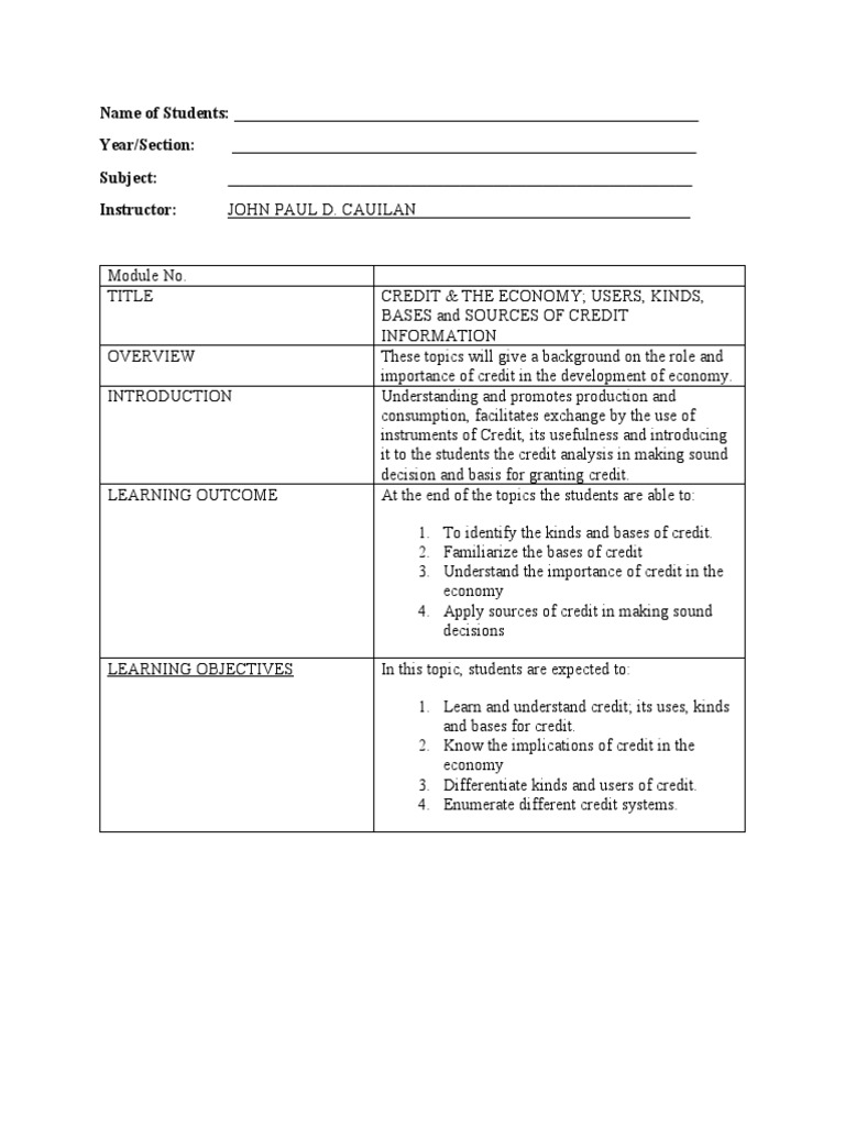 Module For Midterms (BASIC FINANCE) 2 | PDF | Loans | Credit