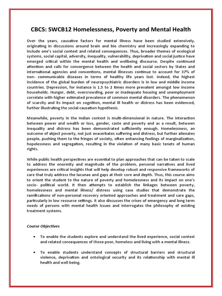 CBCS Course - Homelessness, Poverty and Mental Health | PDF | Mental ...