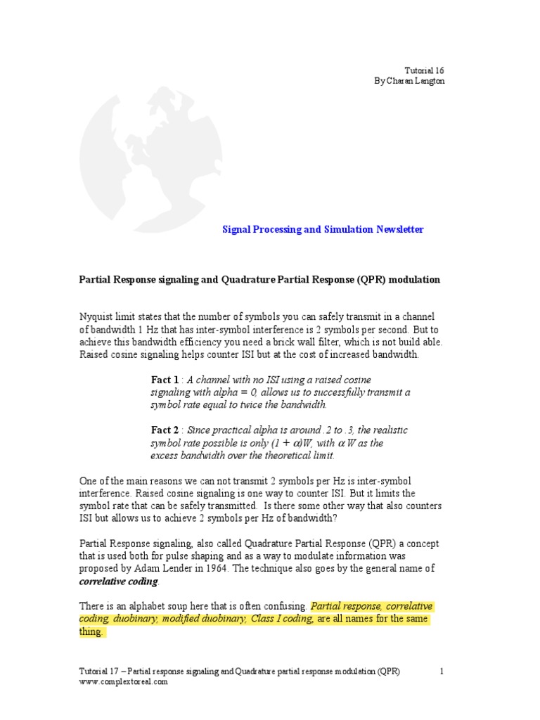 Partial Response Signaling and Quadrature Partial Response (QPR) Modulation | PDF