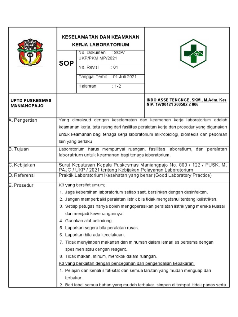 Sop Keselamatan Dan Keamanan Kerja Laboratorium 1 | PDF