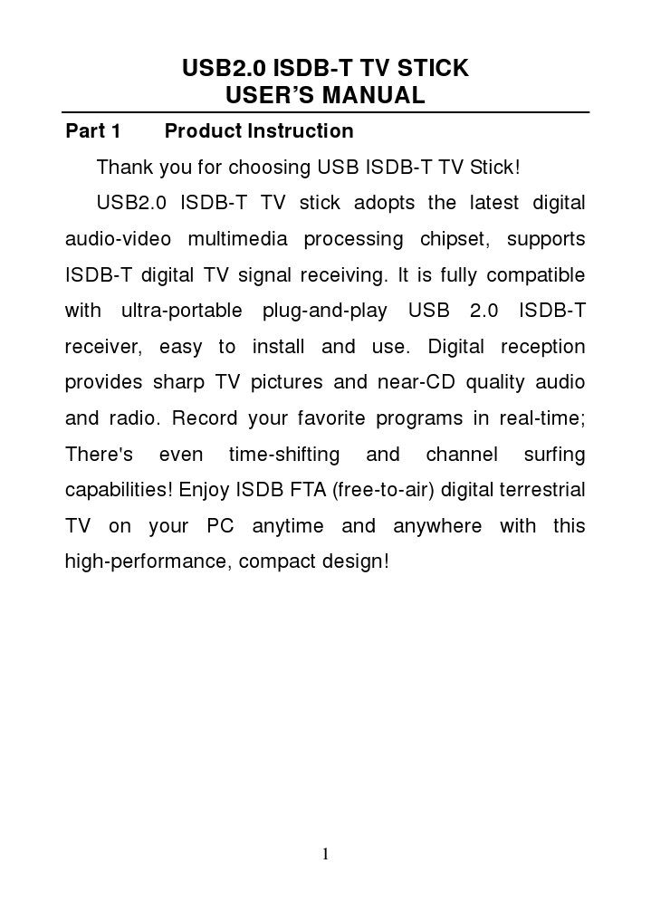 Usb2.0 Isdb-T TV Stick User'S Manual: Part 1 Product Instruction | PDF | Usb | Installation ...