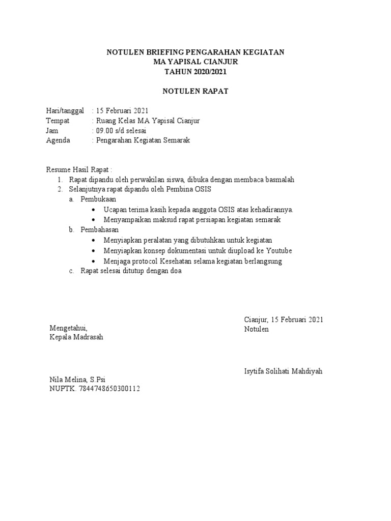 Notulen Pembinaan Briefing Pengarahankegiatan | PDF | Sains & Matematika