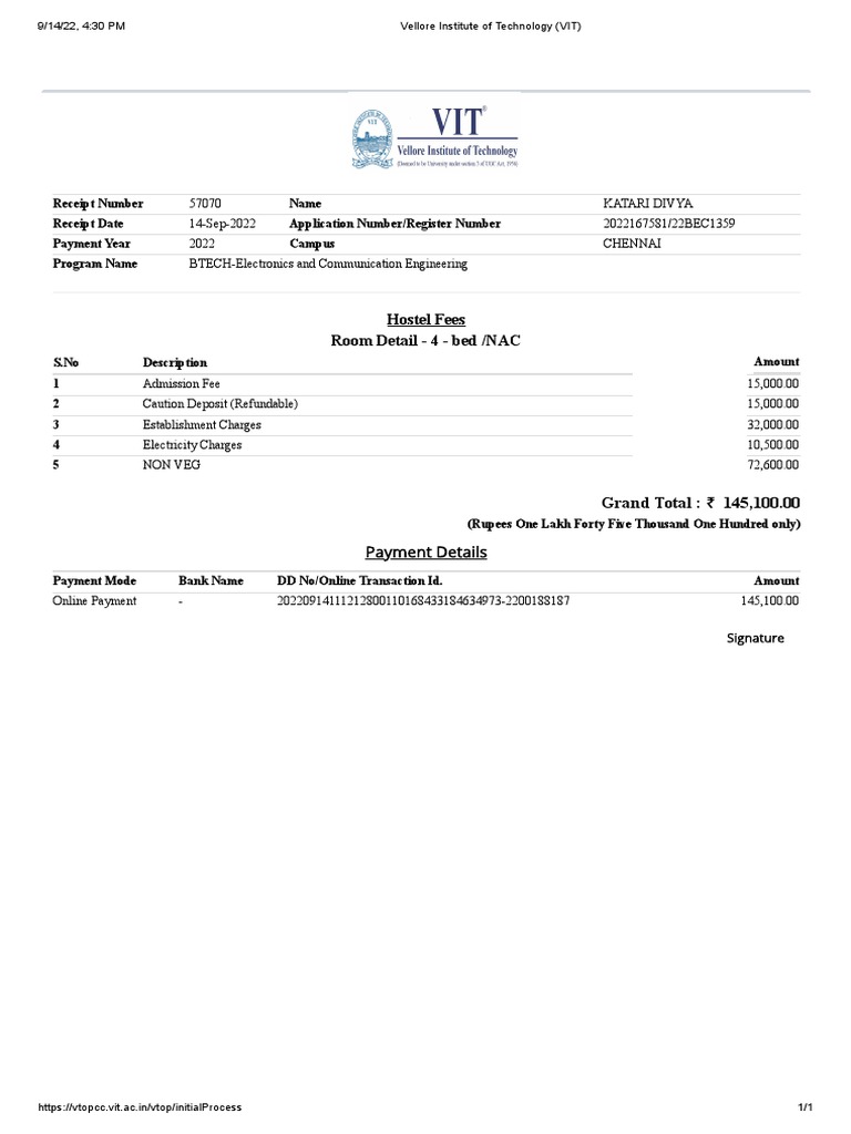 VIT Chennai BTech Payment Receipt 2022 | PDF | Business | Market ...