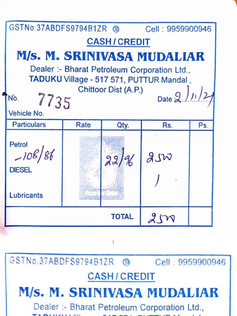 Petrol, Diesel, and Lubricant Sales Receipts from Bharat Petroleum Corporation Ltd. | PDF
