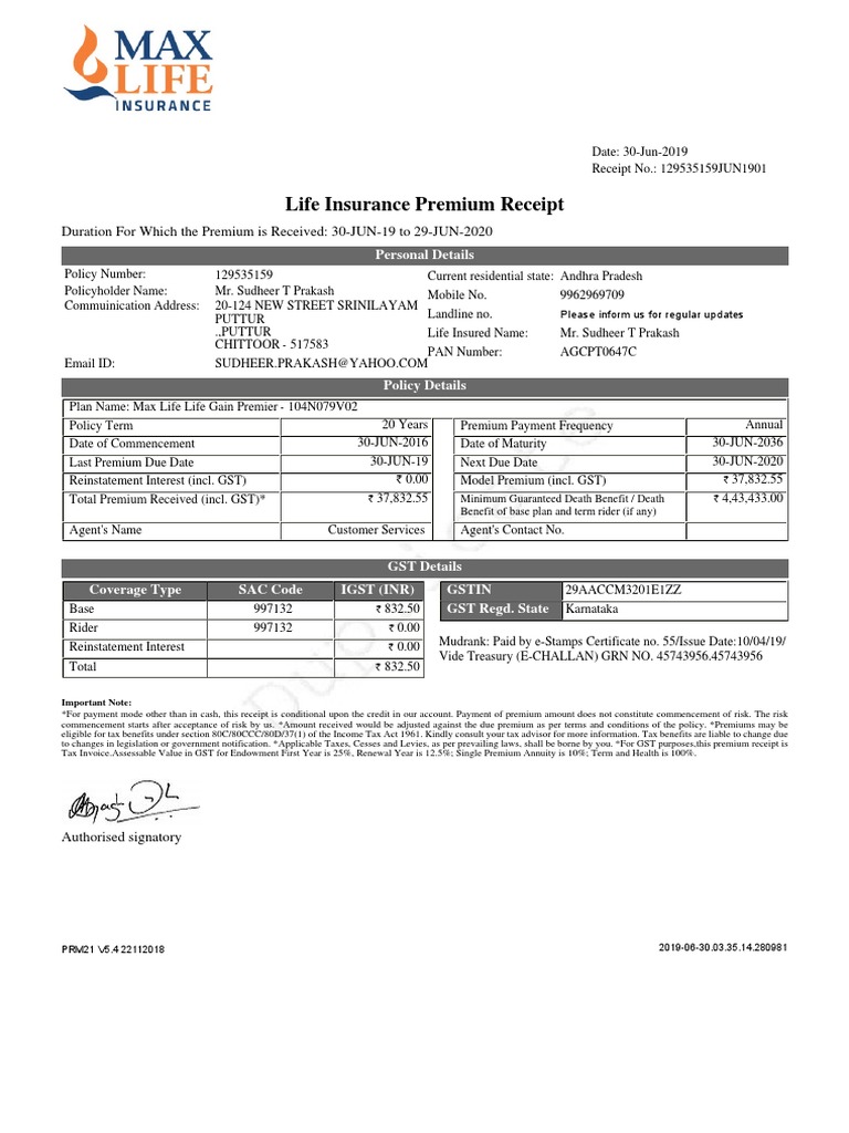 Premium receipts | PDF | Insurance | Life Insurance