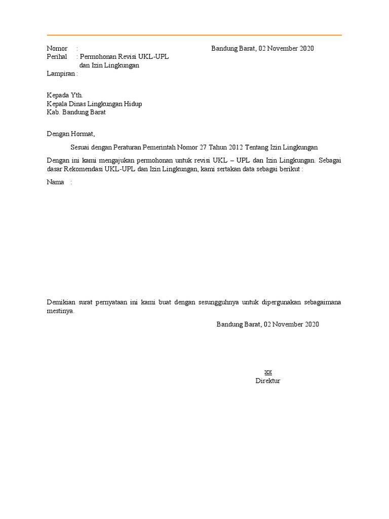 Surat Permohonan Revisi Ukl Upl | PDF
