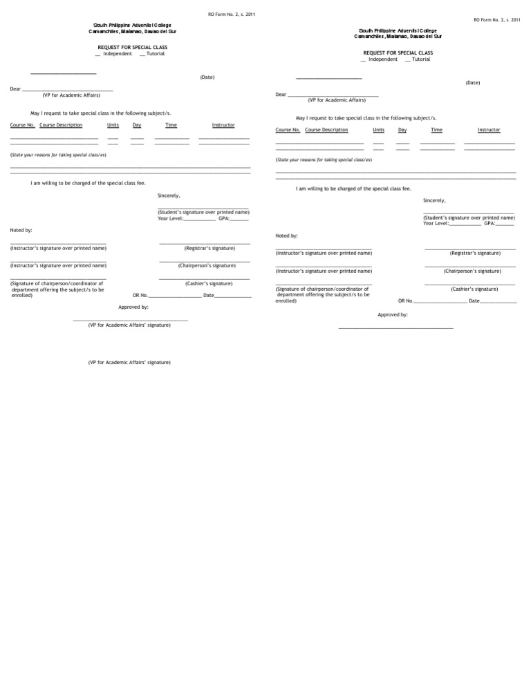 Special Class Request Form Template | PDF | Academia