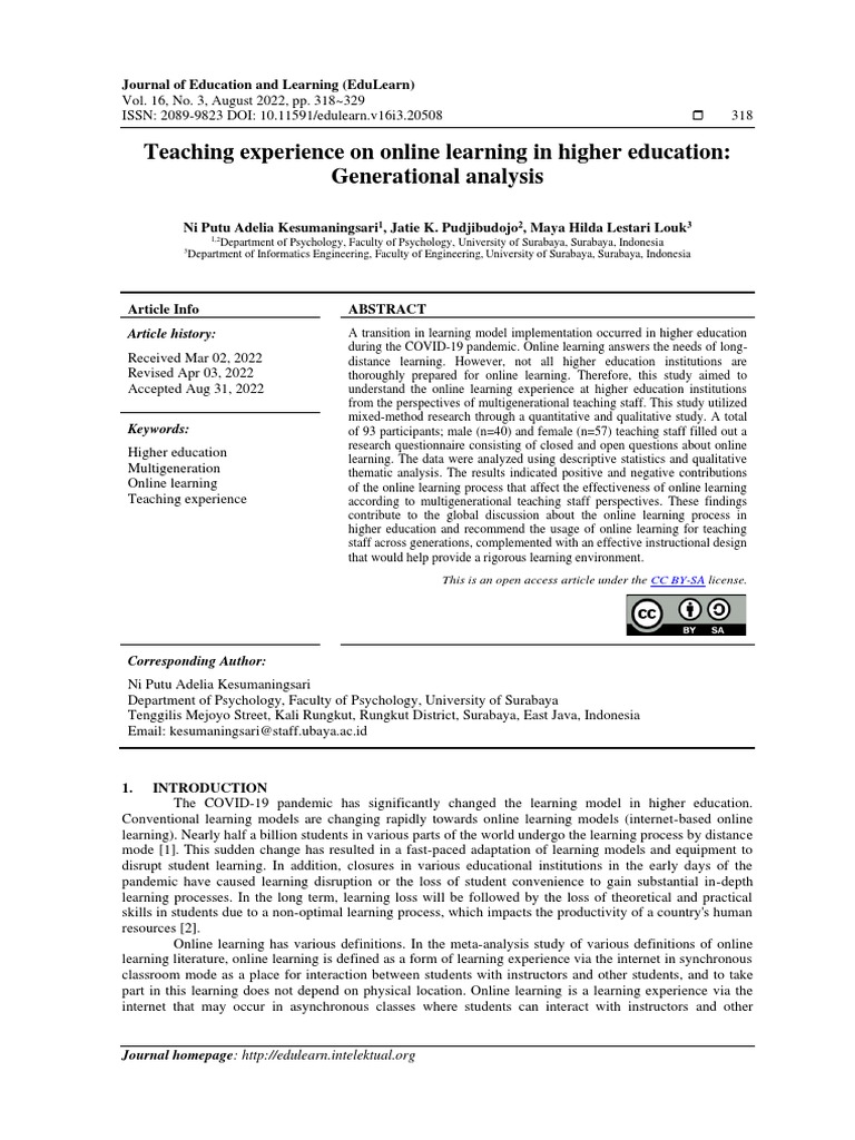 Teaching Experience On Online Learning in Higher Education: Generational Analysis | Download ...