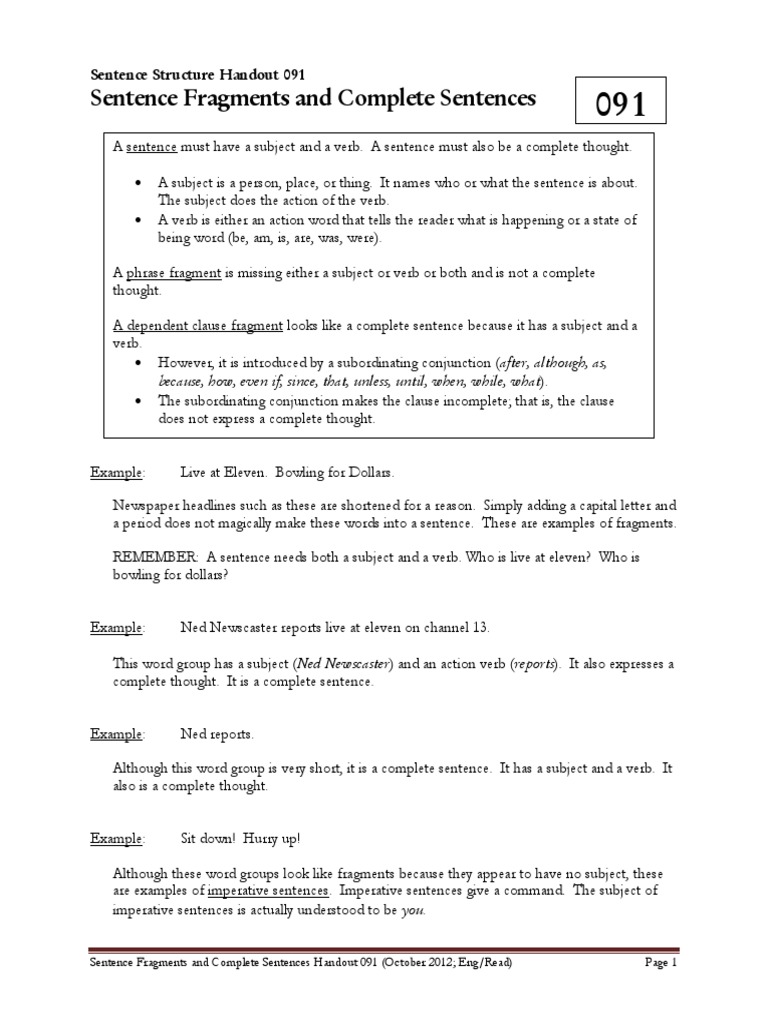 091 Sentence Fragments and Complete Sentences | PDF | Sentence ...