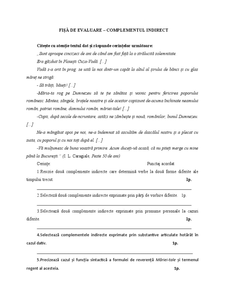 Fisa de Evaluare Complementul Indirect | PDF