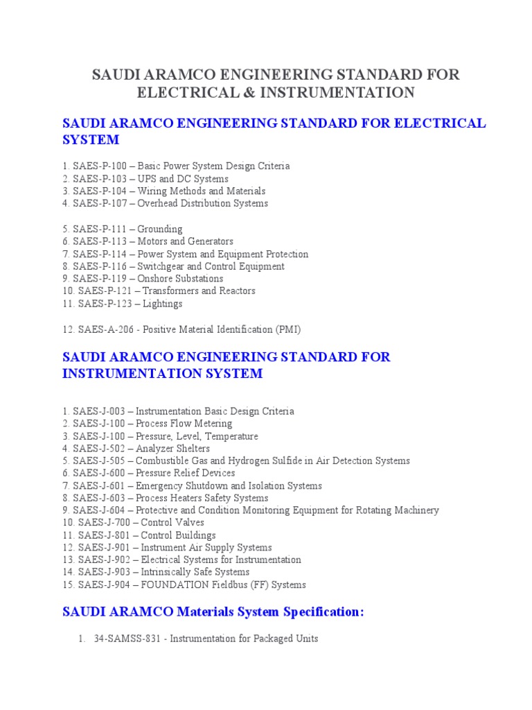 Aramco Electrical & Instrumentation Standards | PDF | Instrumentation ...