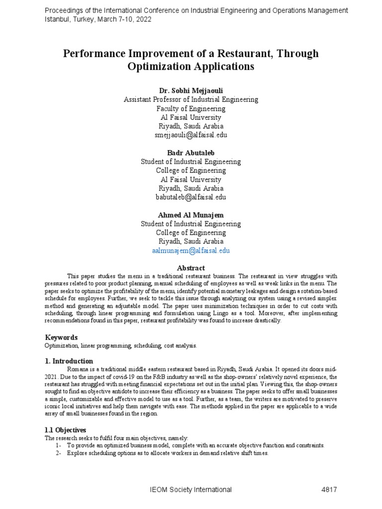 Performance Improvement of A Restaurant, Through Optimization Applications | PDF | Mathematical ...
