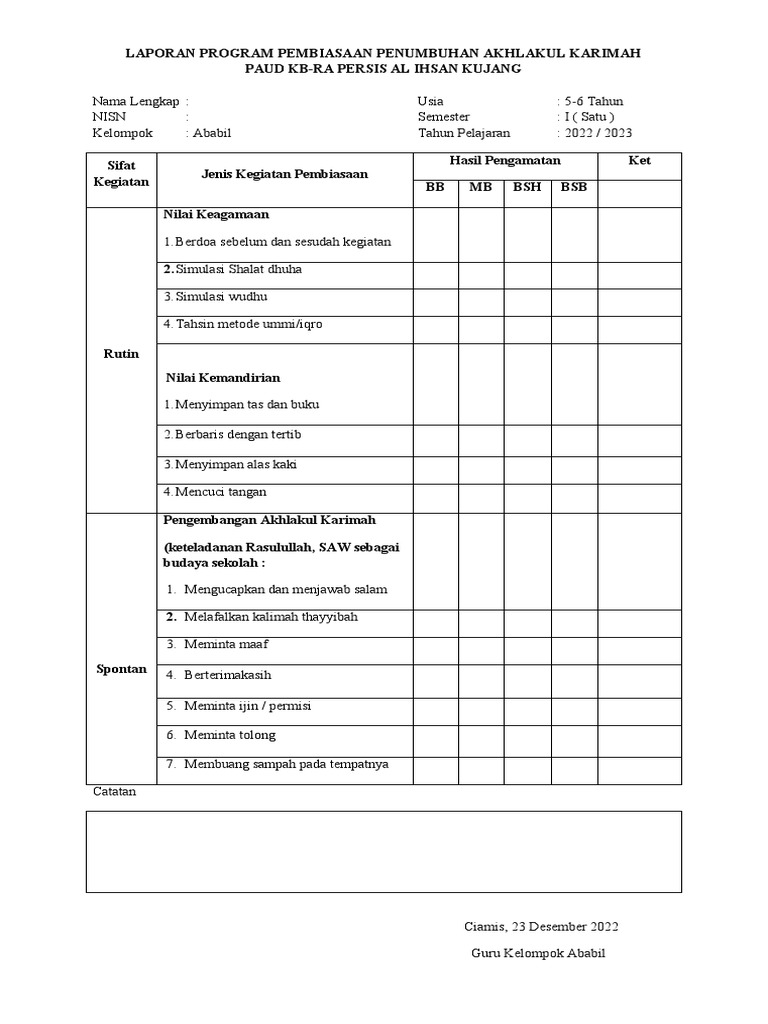 Format Raport Pembiasaan Paud Kober - tk-RA | PDF