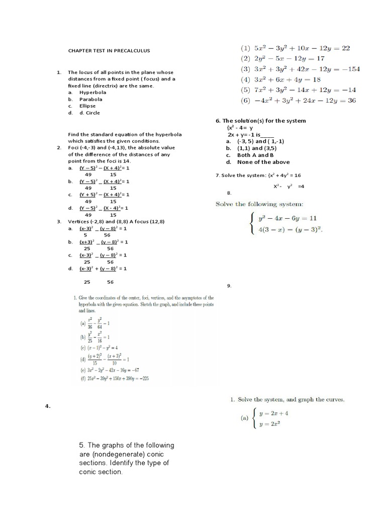 Precalculus Chapter Test: Conic Sections | PDF
