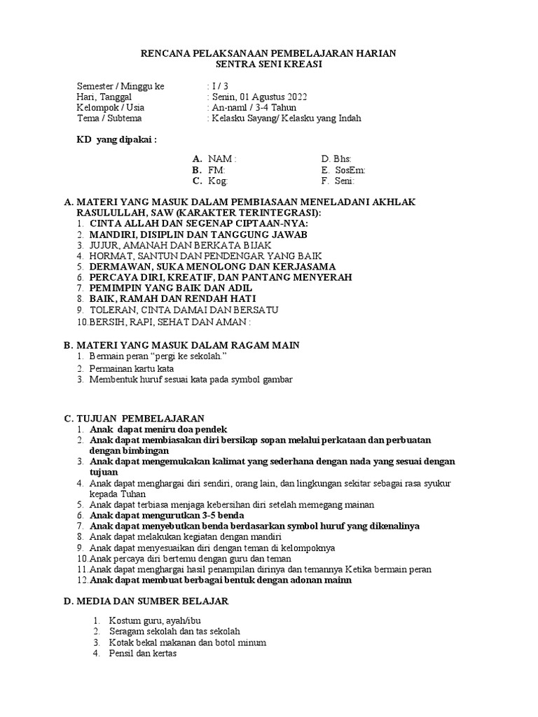 Contoh RPPH Sentra Tema Lingkungan Topik Kelasku Sayang | PDF