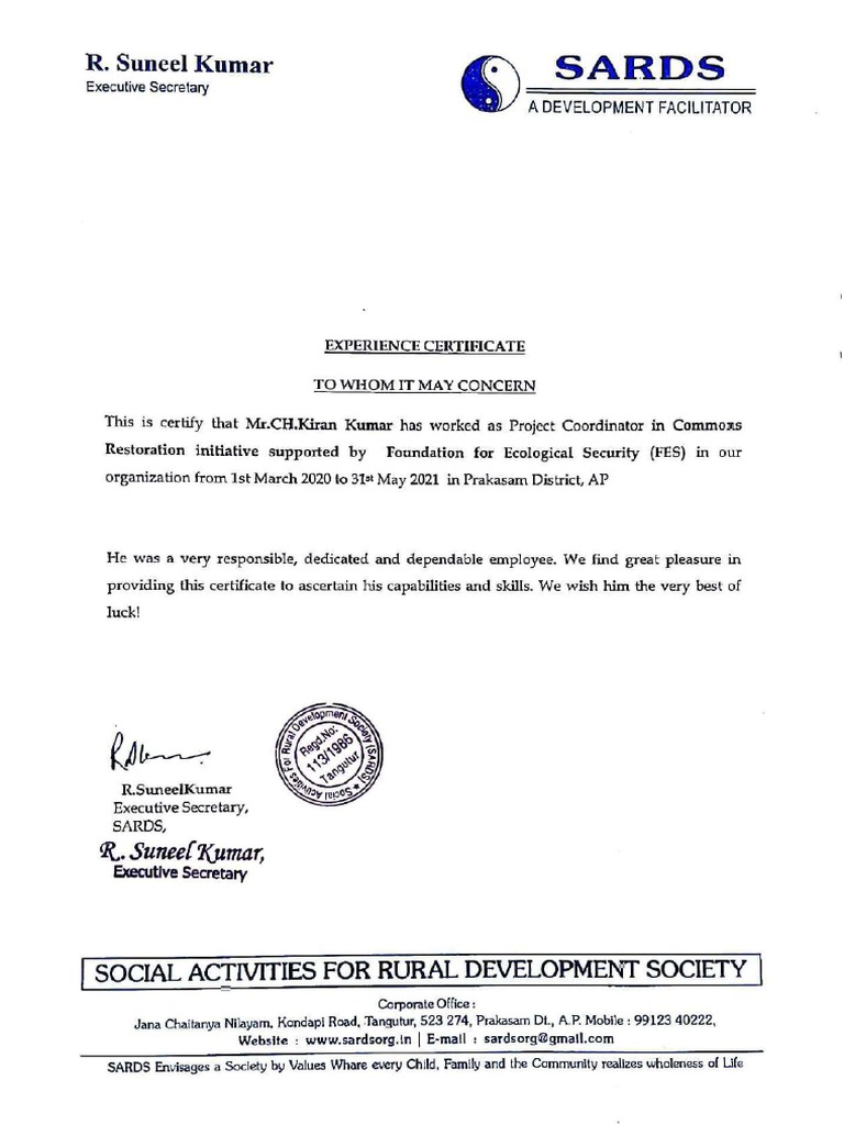 CH - Kiran Kumar FES Service Certificate | PDF