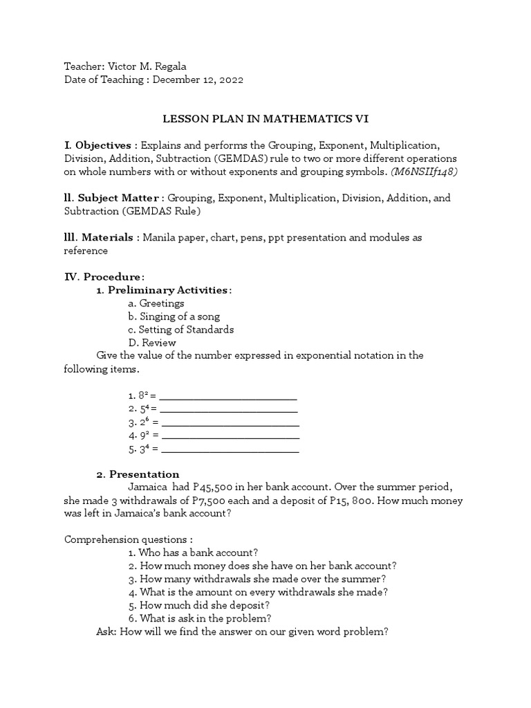 LP in Math 6 Cot | PDF | Cognition | Arithmetic