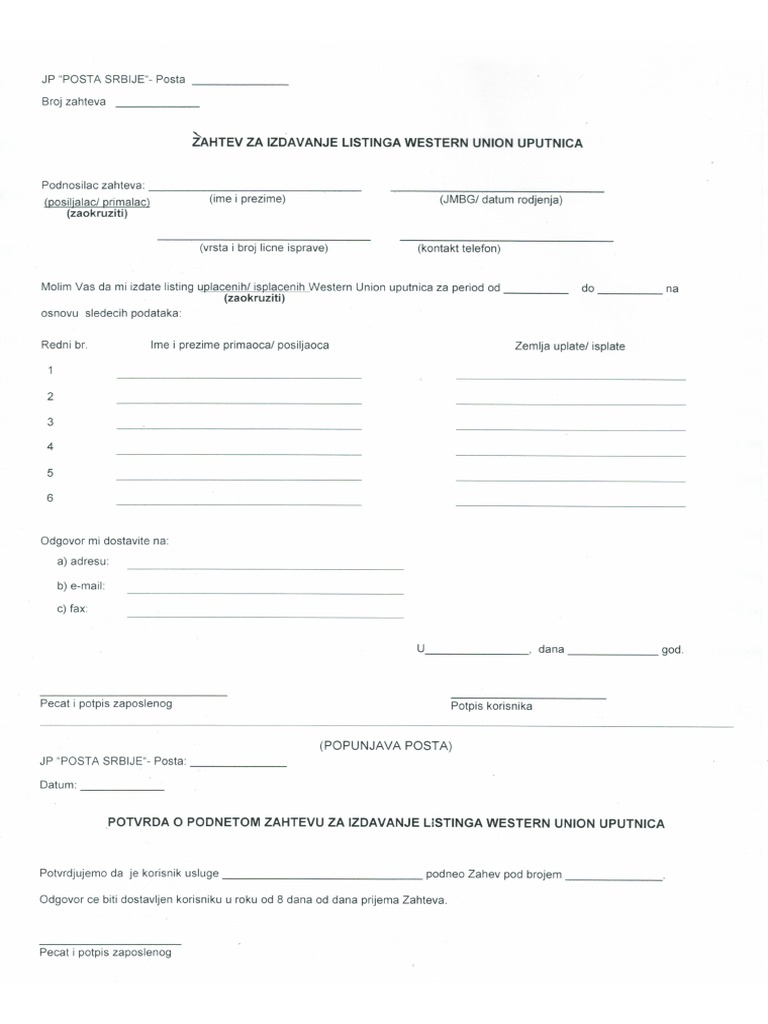 Zahtev Za Listing Western Union | PDF