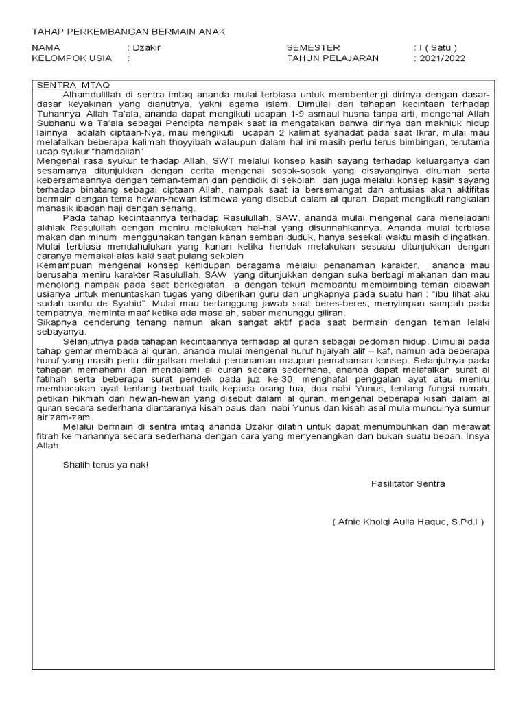 Laporan Perkembangan Paud Sentra Imtaq | PDF