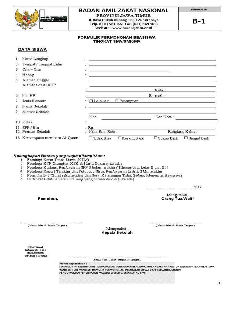 Formulir Pengajuan Beasiswa BAZNAS | PDF