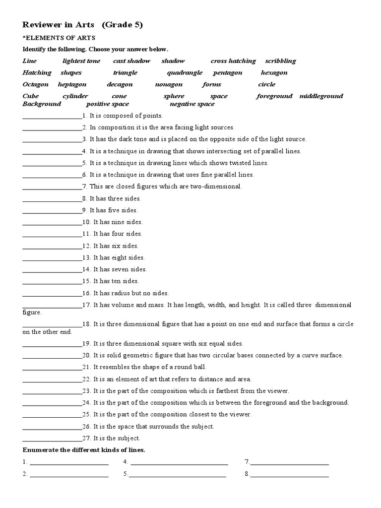 Reviewer in Arts Grade 5. 1st Quarter | PDF | Shape | Area