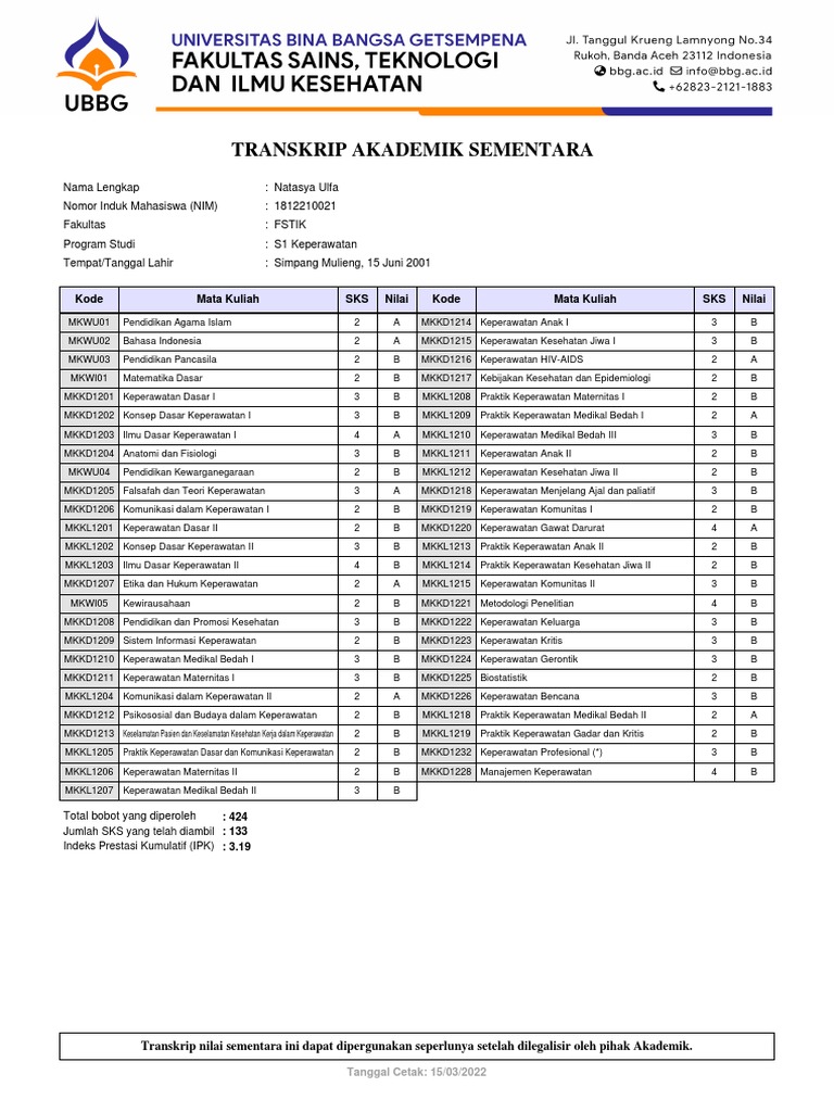 Transkrip Sementara Natasya Ulfa | PDF