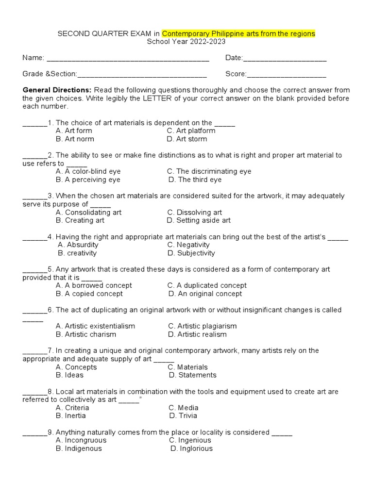 (Updated) SECOND QUARTER EXAM in Contemporary Philippine Arts From The ...
