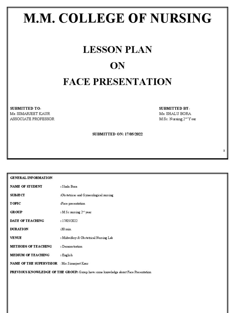 Lesson Plan on Face Presentation | PDF | Pelvis | Childbirth