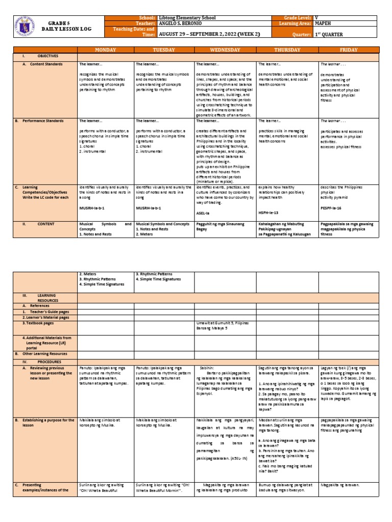 DLL - Mapeh 5 - Q1 - W1 | PDF | Learning | Cognition